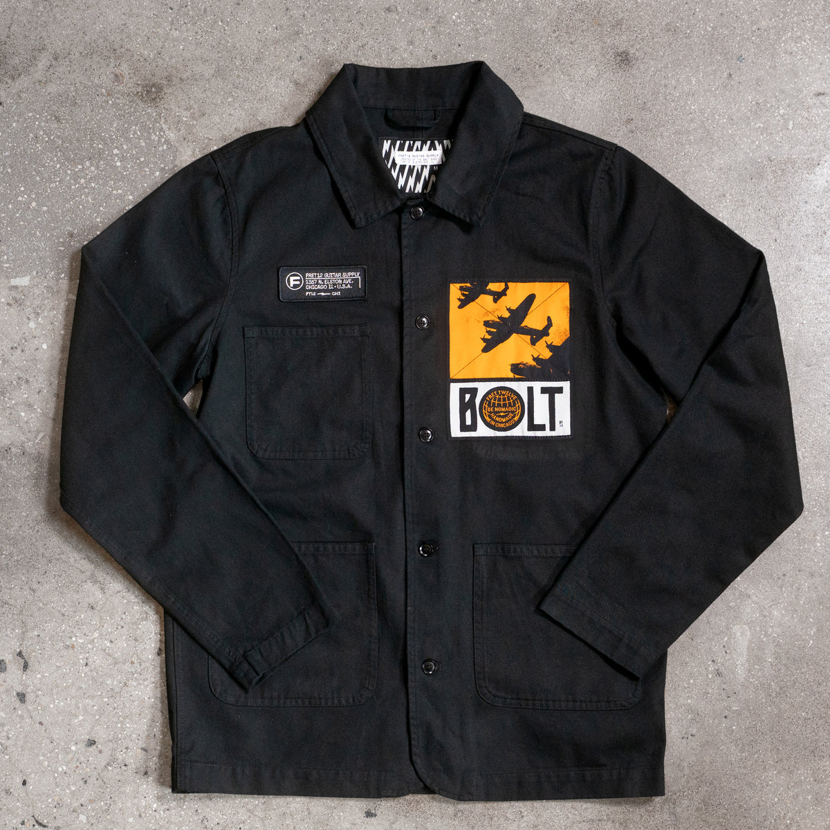FRET12 BOLT Jacket - Black Graphic Patch Coat | FRET12